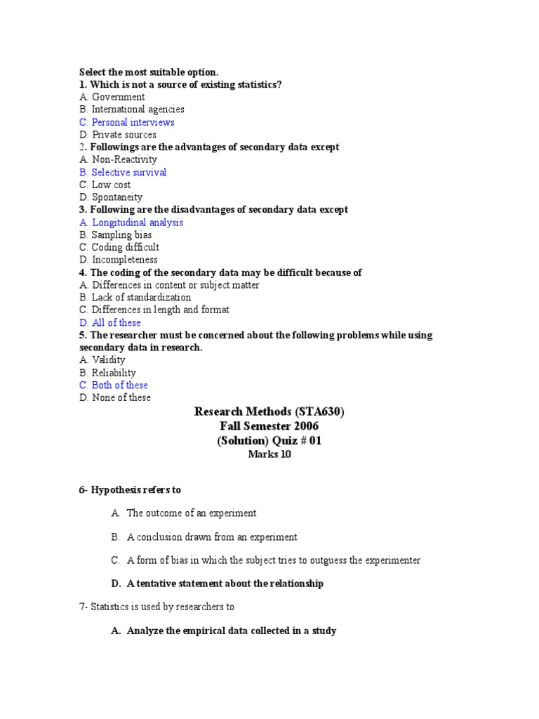 C. Personal Interviews: Research Methods (STA630) Fall Semester 2006 (Solution) Quiz # 01 | PDF ...