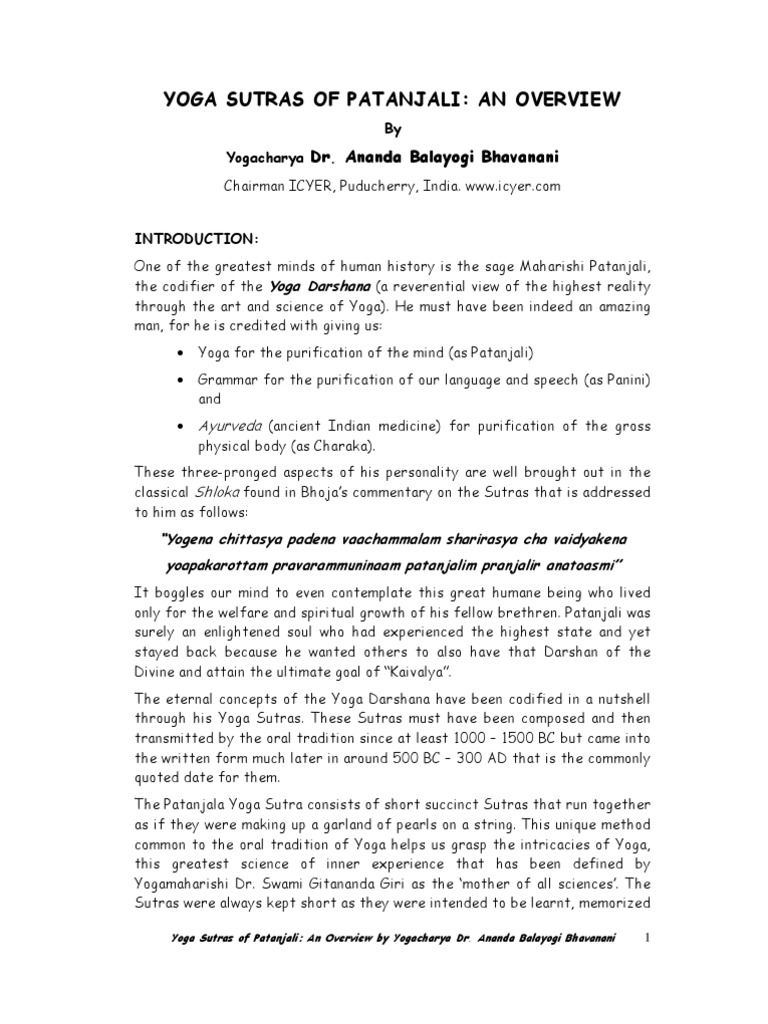 Yoga Sutras of Patanjali: An Overview | PDF | Asana | Yoga Sutras Of ...