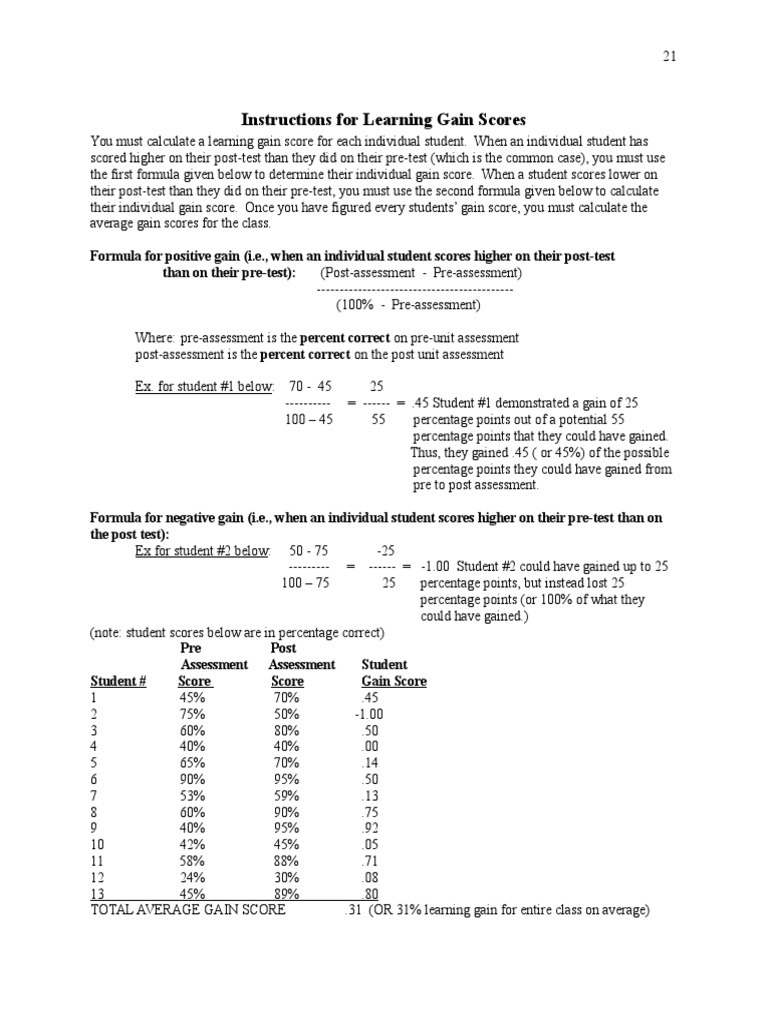 Instructions For Learning Gain Scores | PDF | Percentage | Educational ...