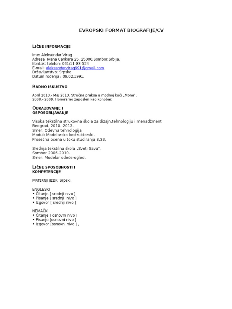 105 Evropski Format CV | PDF