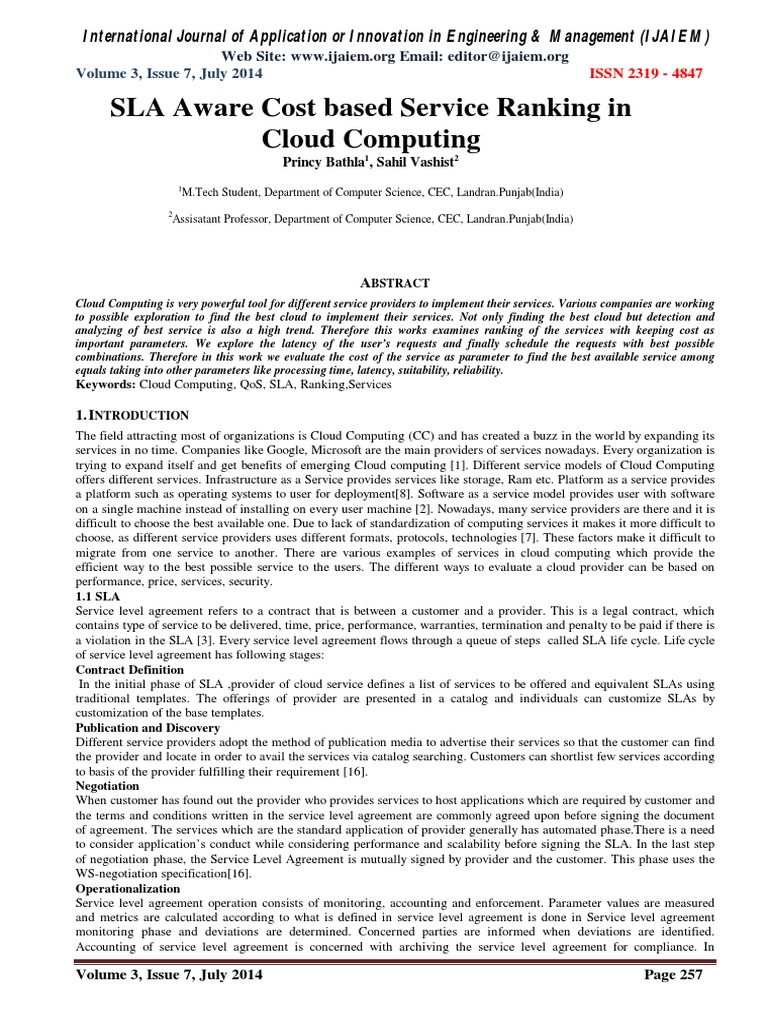 SLA Aware Cost Based Service Ranking in Cloud Computing | PDF | Service Level Agreement | Cloud ...