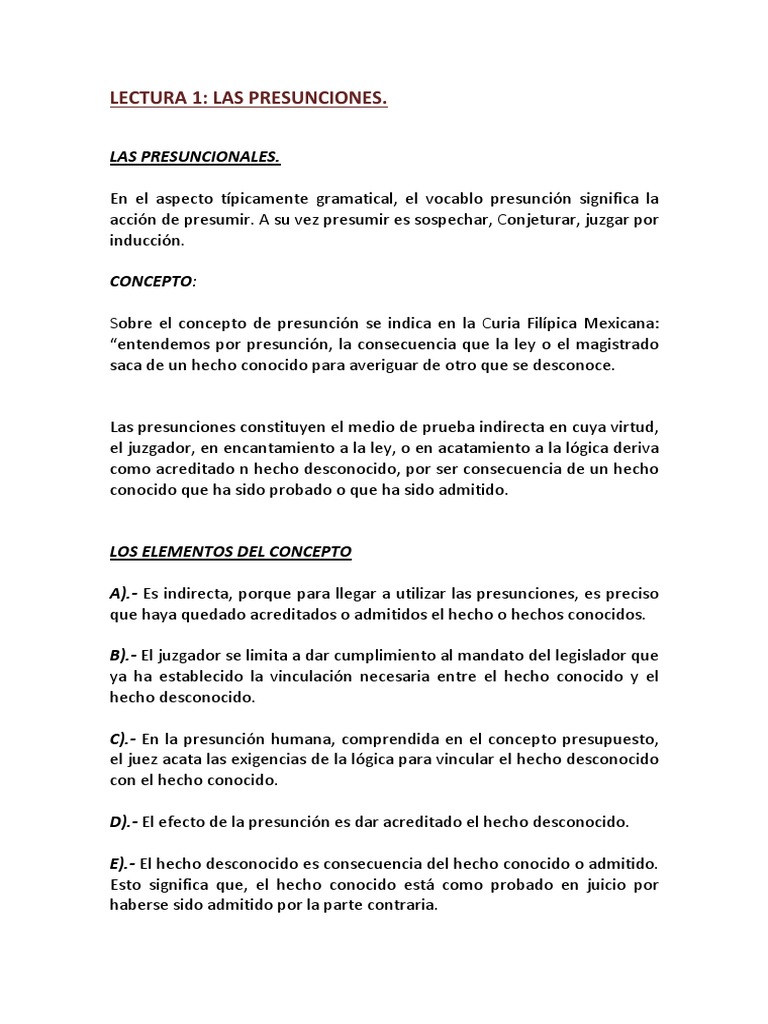 Presunciones Legales y Humanas | PDF | Evidencia (ley) | Ley procesal