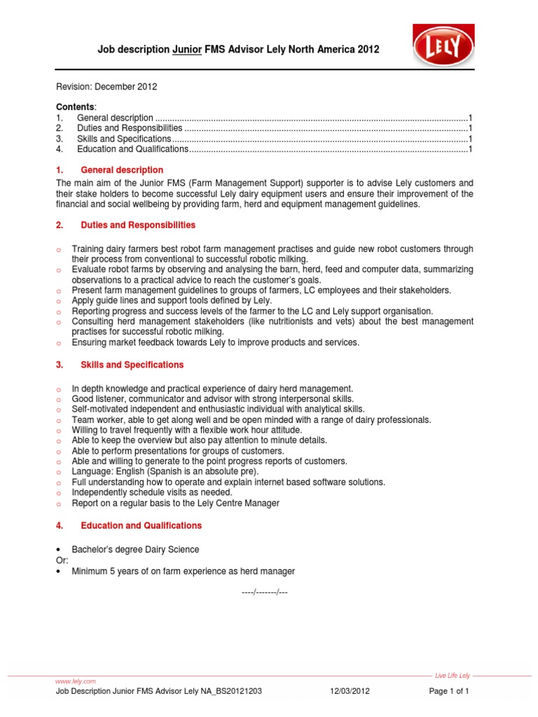 Job Description Junior FMS Advisor Lely NA BS20121203 | PDF | Farms ...