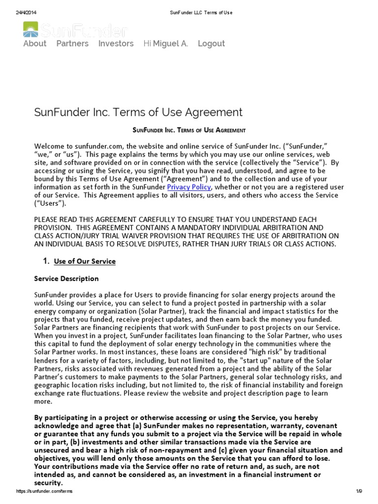 SunFunder LLC Terms of Use | PDF | Indemnity | Intellectual Property