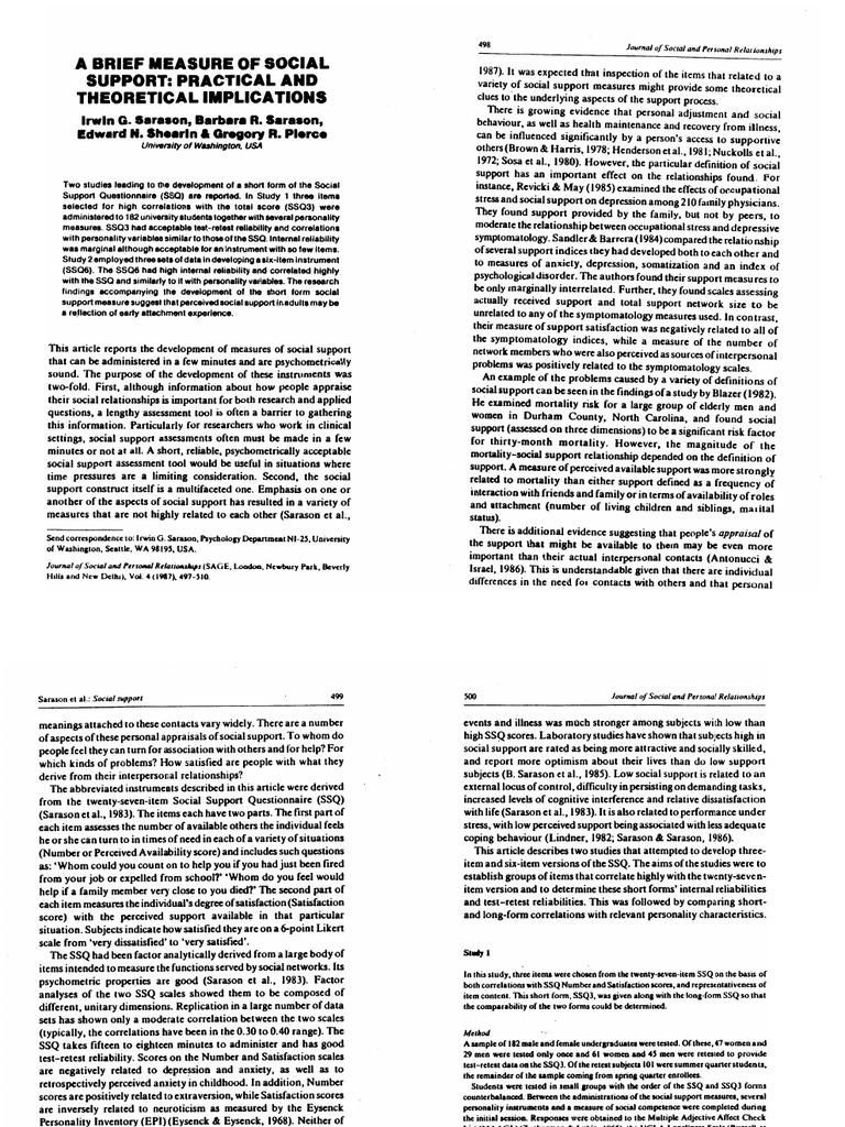 Social Support Questionnaire Short | PDF