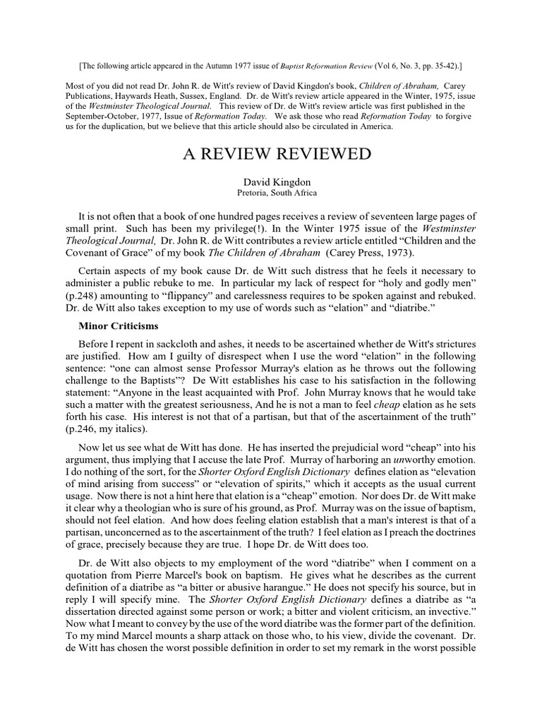 Review of Kingdon's Response to De Witt | PDF | Covenant Theology | Baptism