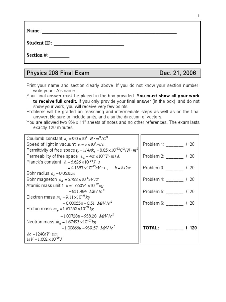Physics 208 Final Exam Dec. 21, 2006 | PDF | Atomic Nucleus | Proton