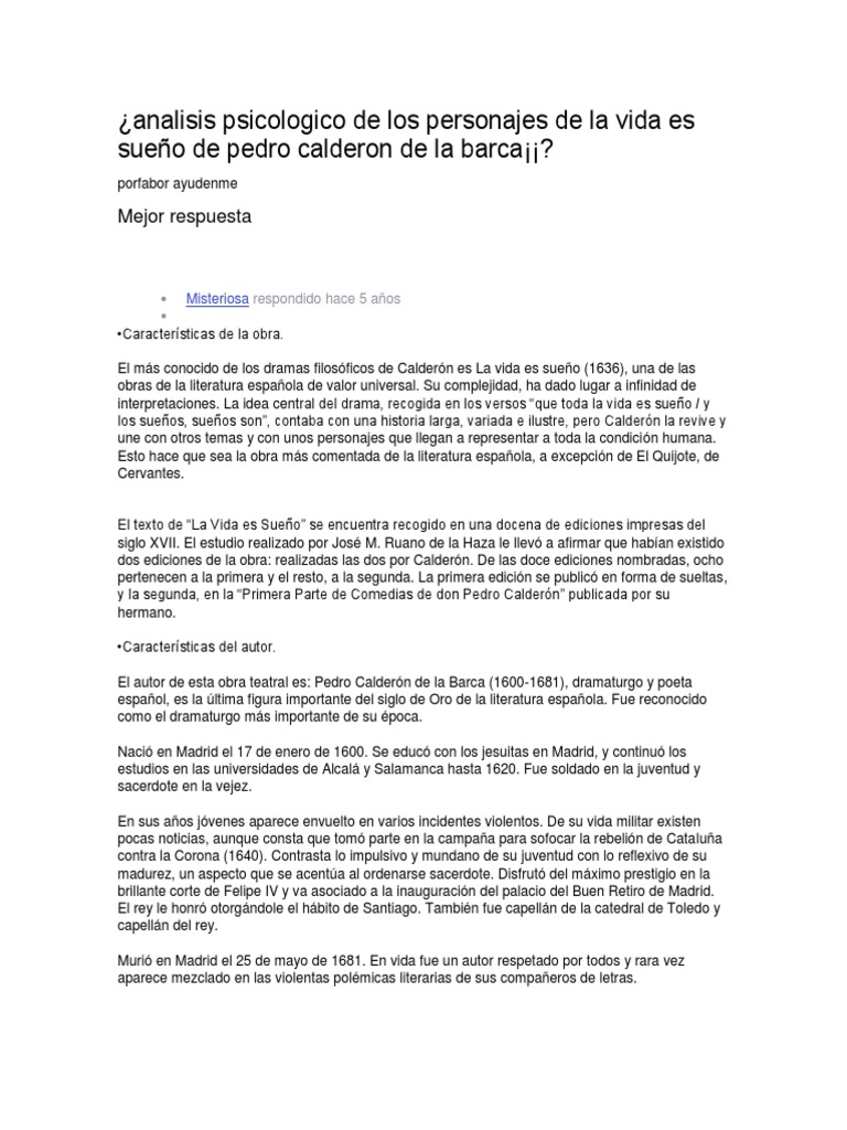 Analisis Psicologico de Los Personajes de La Vida Es Sueño de Pedro ...