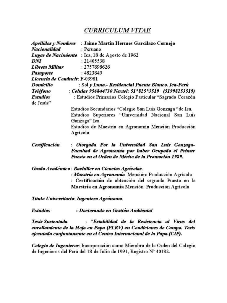 CURRICULUM VITAE Ing° Jaime Martin Garcilazo Cornejo | PDF | Agricultura | Perú