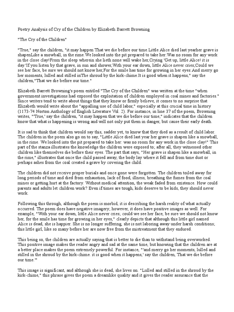 Poetry Analysis of Cry of The Children by Elizabeth Barrett Browning ...