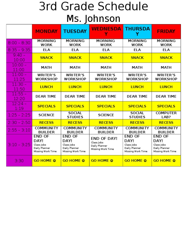3rd Grade Weekly Class Schedule | PDF