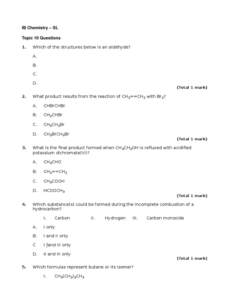 Topic 10 SL CHEM Questions | PDF | Alkene | Chemical Reactions
