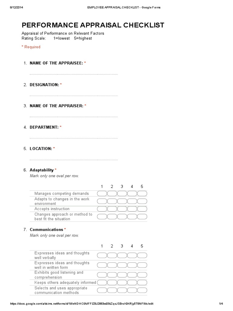 Employee Appraisal Checklist - Google Forms | PDF | Performance ...