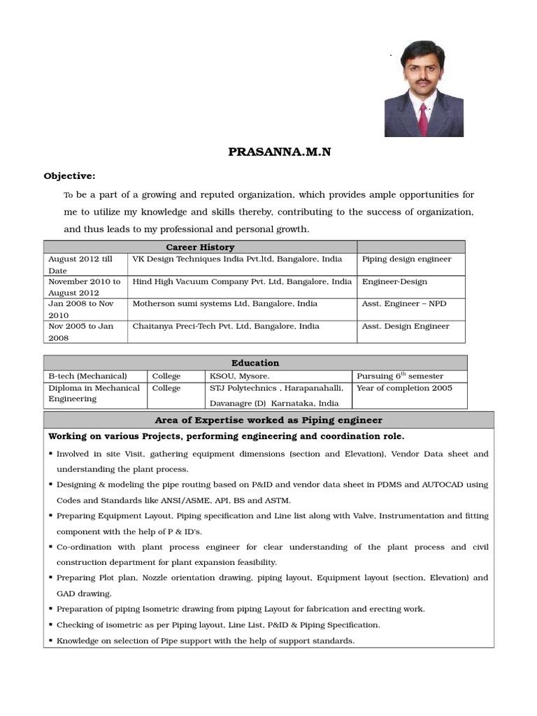 CV-Piping Design Engineer | PDF | Vacuum | Pipe (Fluid Conveyance)