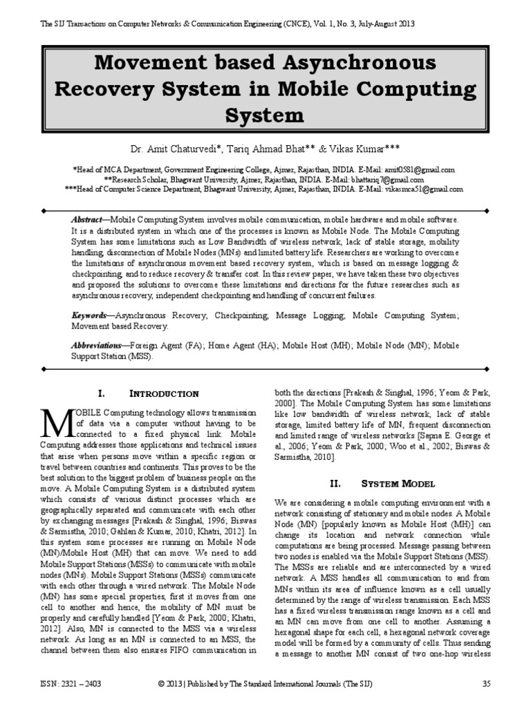 Movement Based Asynchronous Recovery System in Mobile Computing System ...