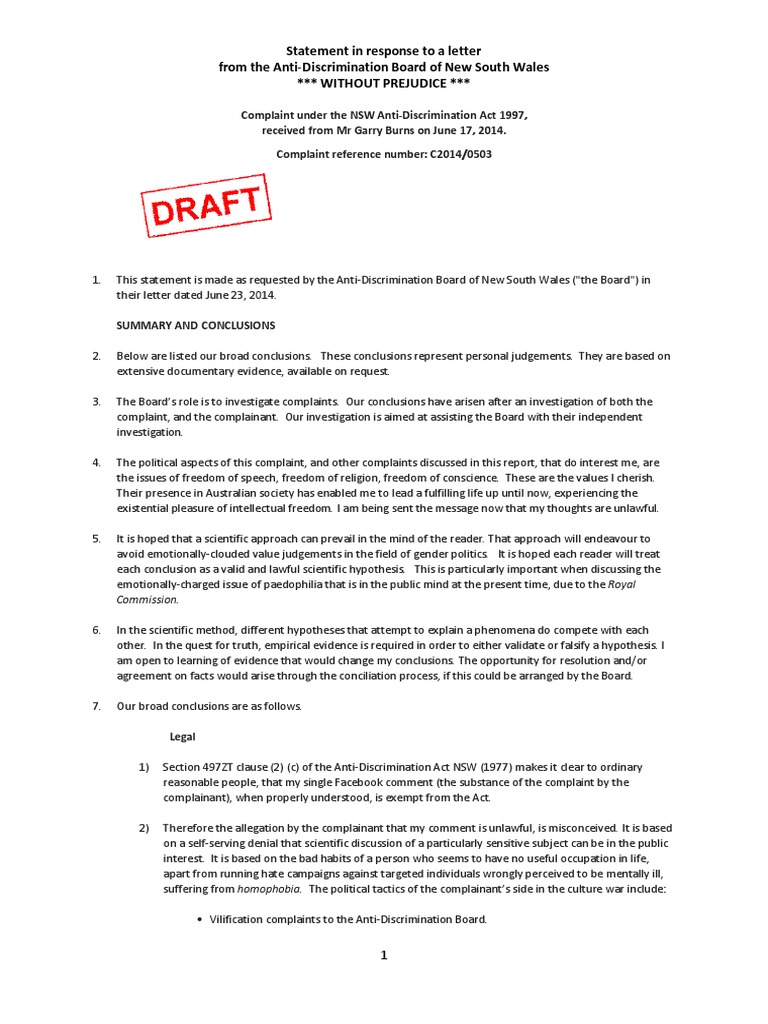 Response to NSW Anti-Discrimination Complaint | PDF | Pedophilia ...