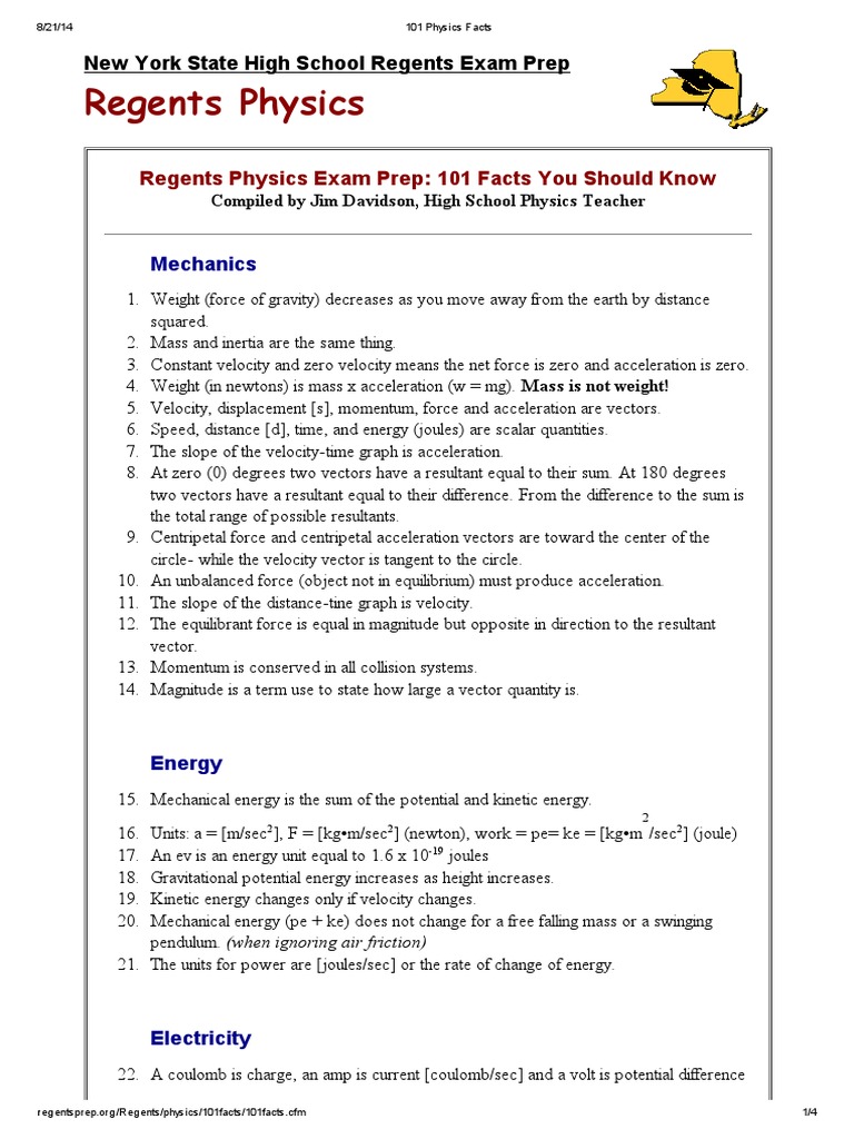 Regents Physics: Regents Physics Exam Prep: 101 Facts You Should Know ...