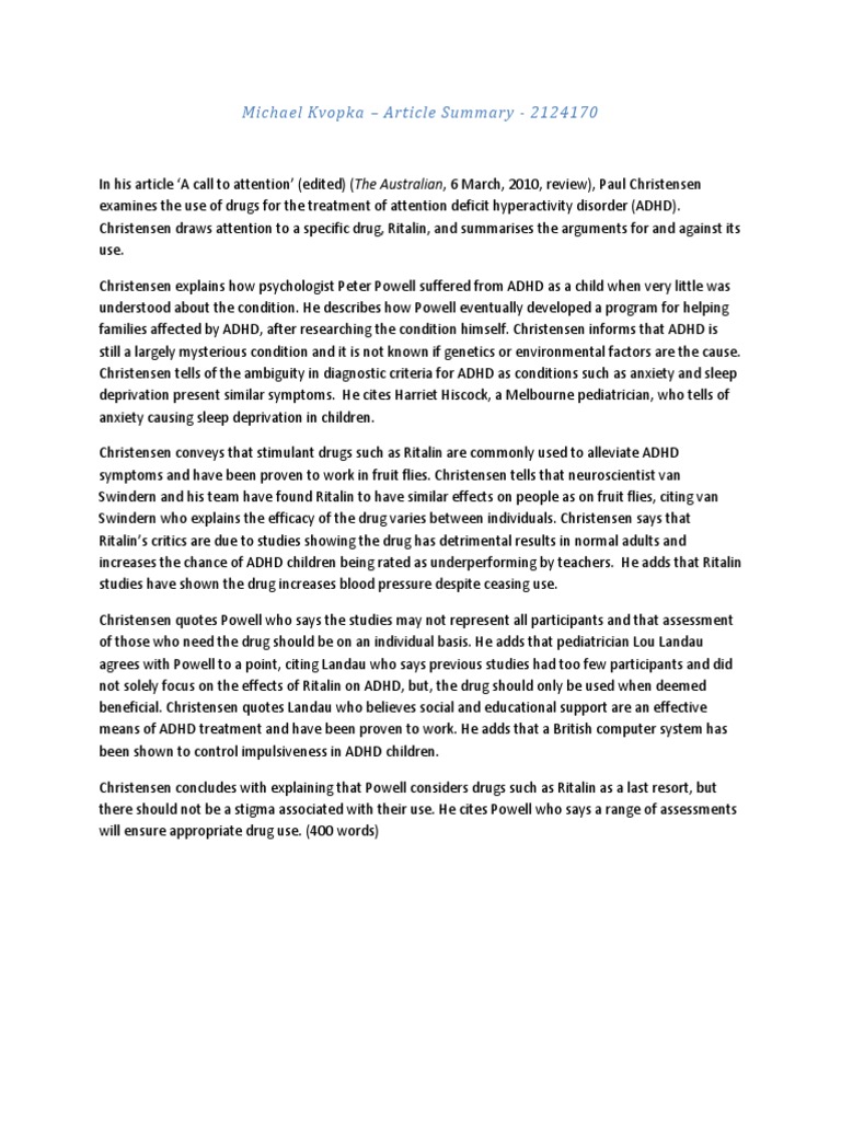 Michael Kvopka - Article Summary - 2124170 | PDF | Attention Deficit Hyperactivity Disorder ...