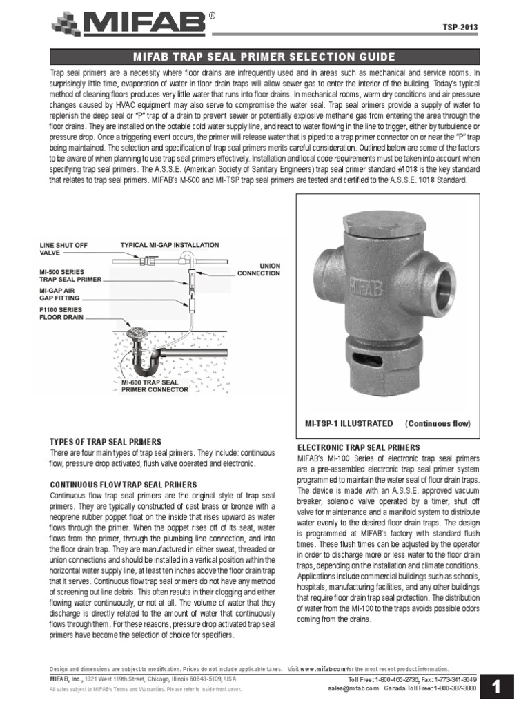 Trap Seal Primer Selection Guide | PDF | Valve | Hydraulic Engineering