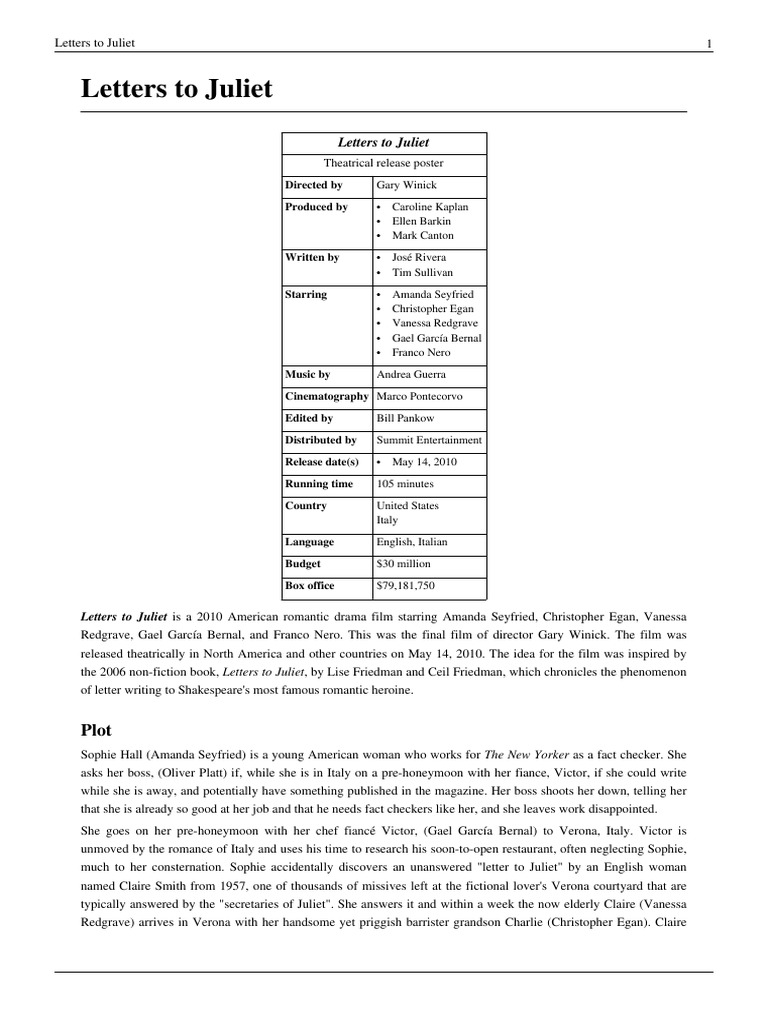 Letters To Juliet | PDF | Courtship | Leisure