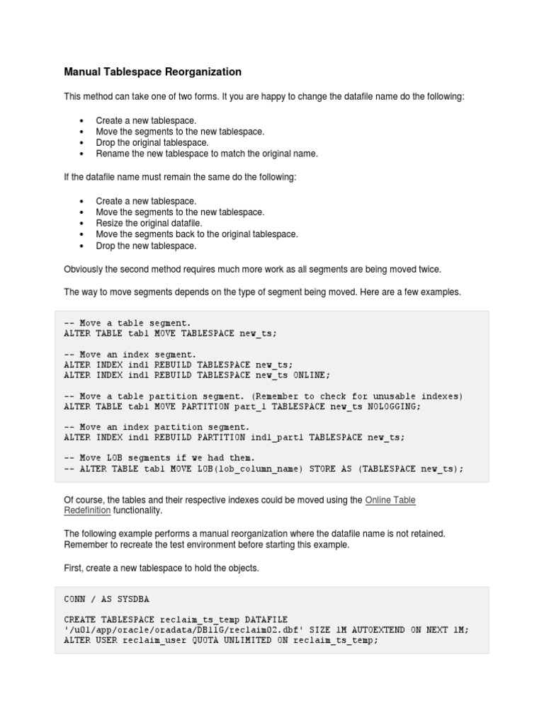 Manual Tablespace Reorganization | PDF | Software | Digital Technology
