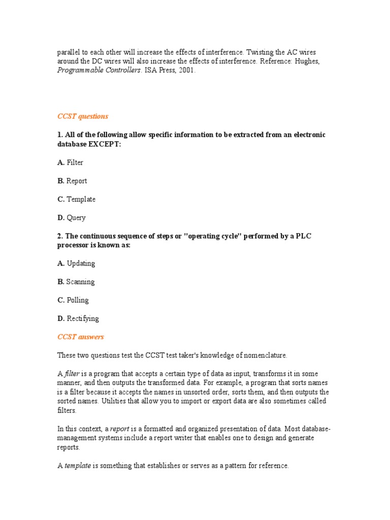 Programmable Controllers. ISA Press, 2001.: CCST Questions | PDF