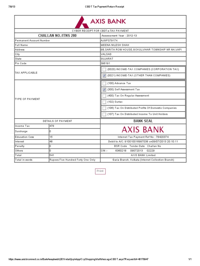 CBDT Tax Payment Return Receipt | PDF