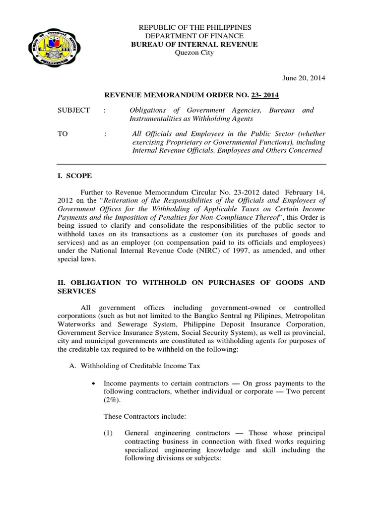BIR Revenue Memorandum Order 23 Full Text | PDF | Withholding Tax ...