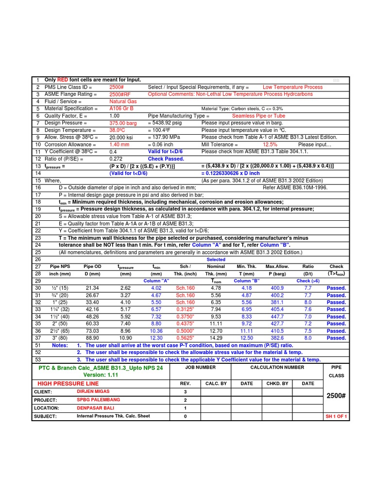 Pipe wall thickness calculation sheet for high pressure natural gas ...