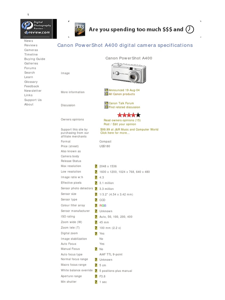 Canon PowerShot A400 Specs Overview | PDF | Autofocus | Canon Inc.