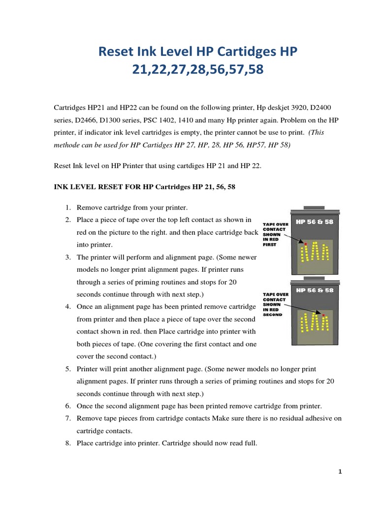 Reset Ink Level HP Cartidges HP 21,22,27,28,56,57,58 | PDF | Printer ...