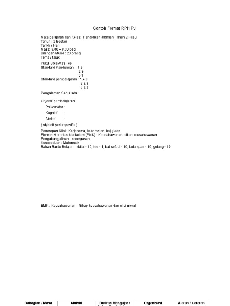 Contoh RPH PJ - KSSR | PDF