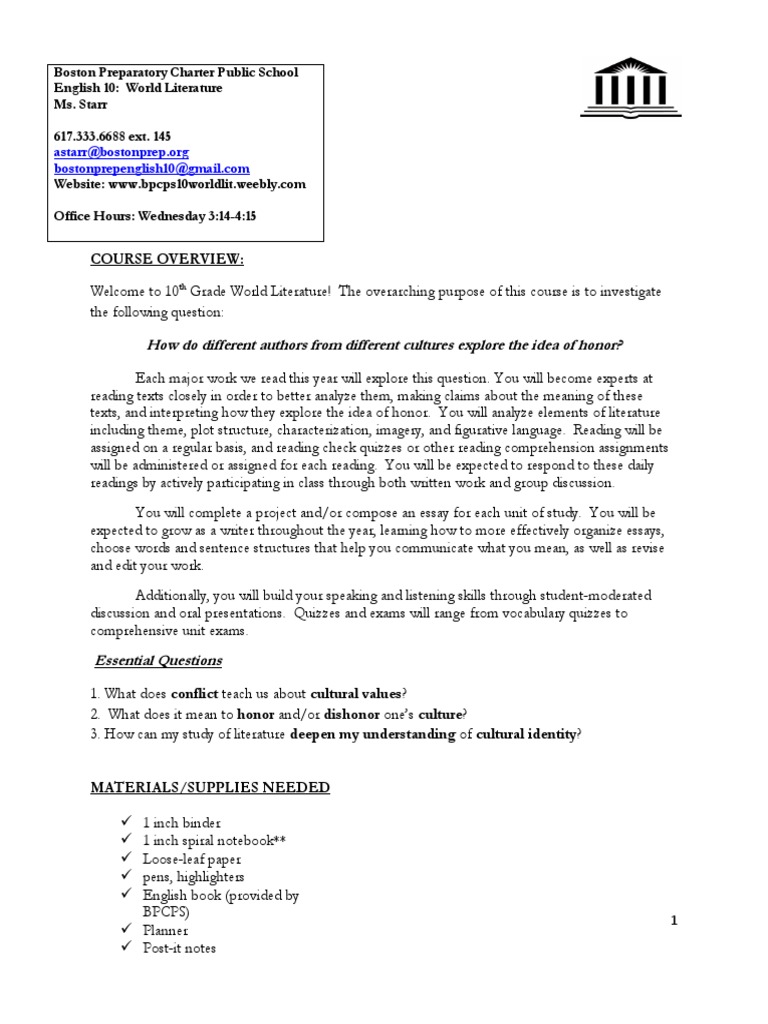 2014-2015 10th World Lit Course Syllabus | PDF | Test (Assessment ...