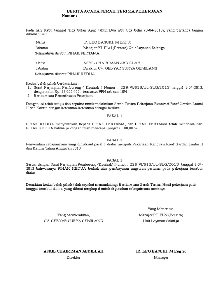 BA. Serah Terima Hasil Pekerjaan | PDF