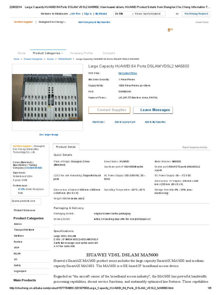 Large Capacity HUAWEI 64 Ports DSLAM VDSL2 MA5600, View Huawei Dslam ...