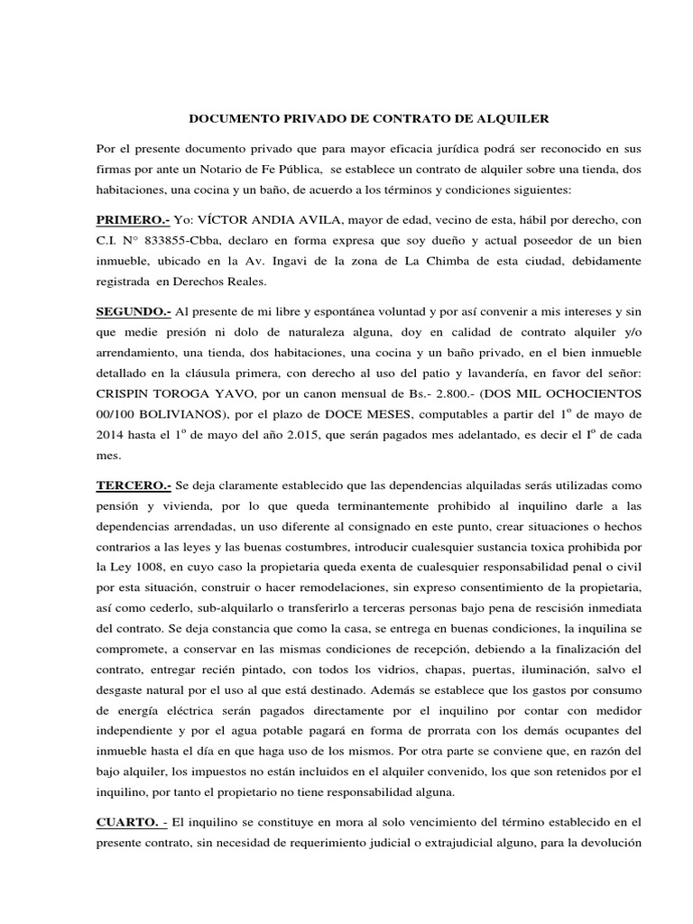Documento Privado de Contrato de Alquiler | PDF | Propiedad | Alquiler