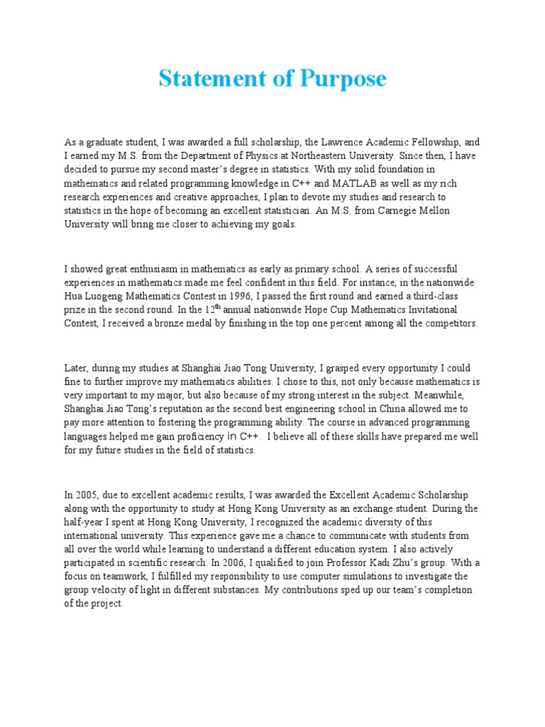 Statement of Purpose CMU | Statistics | Carnegie Mellon University