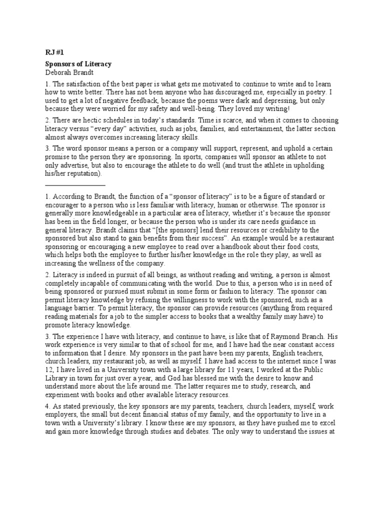 RJ #1 Sponsors of Literacy Deborah Brandt 1. The Satisfaction | PDF ...