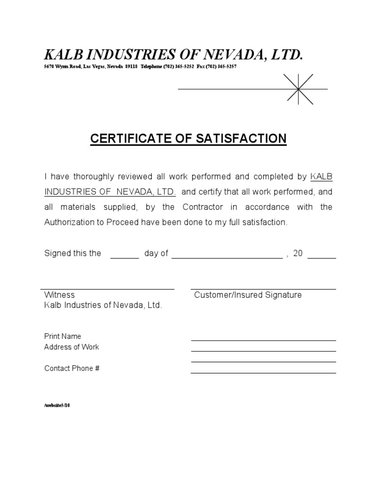 Certificate Of Satisfaction PDF