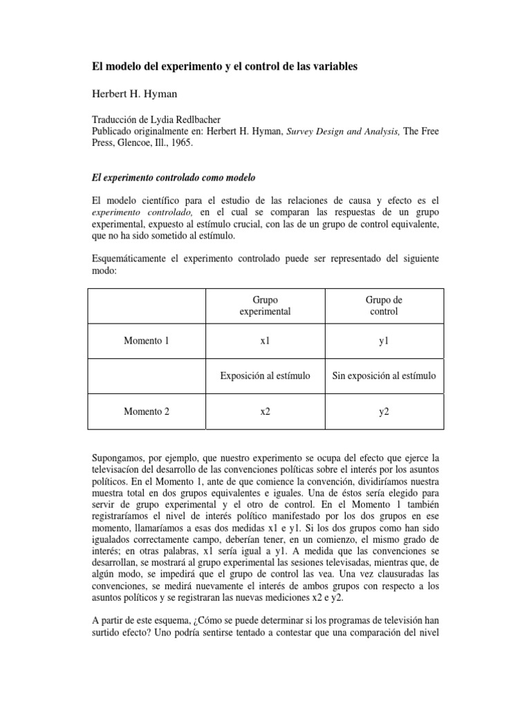 Herbert Hyman, El Modelo Del Experimento y El Control de Las Variables ...