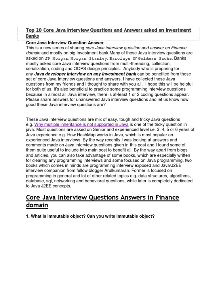 Top 20 Core Java Interview Questions and Answers Asked On Investment Banks | PDF | Method ...