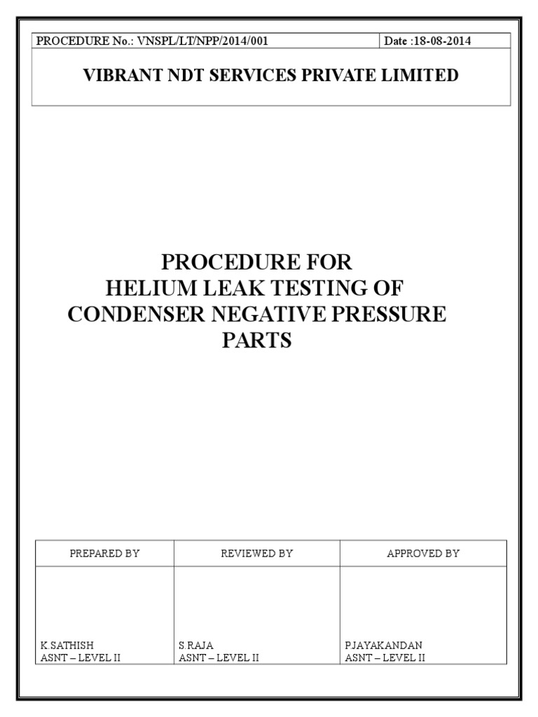 Helium Leak Testing Procedure for Condensers | PDF | Gases | Physical ...