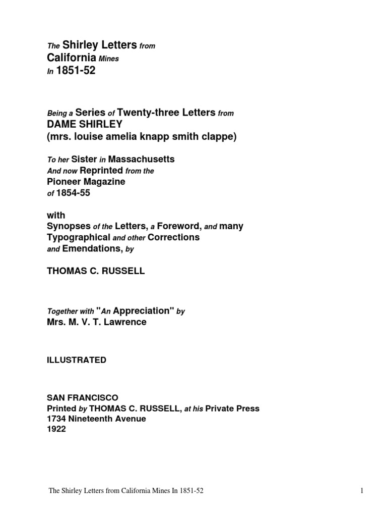 The Shirley Letters From California Mines in 1851-52 by Clappe, Louise ...