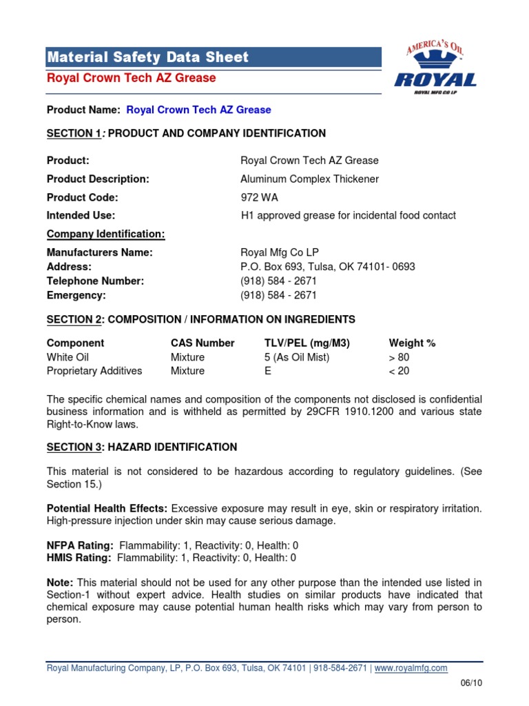 JKG - Msds Royal Crown Tech Az Grease | PDF | Hazardous Waste | Waste ...