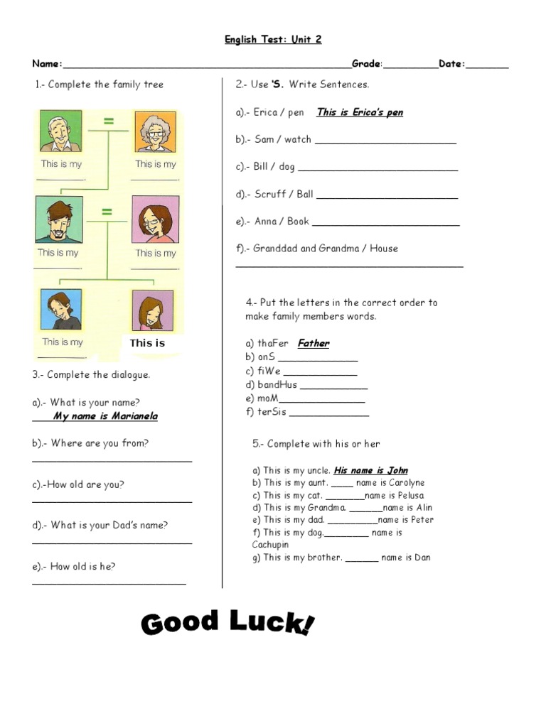 Test Unit 2: Family Members and Possessives | PDF
