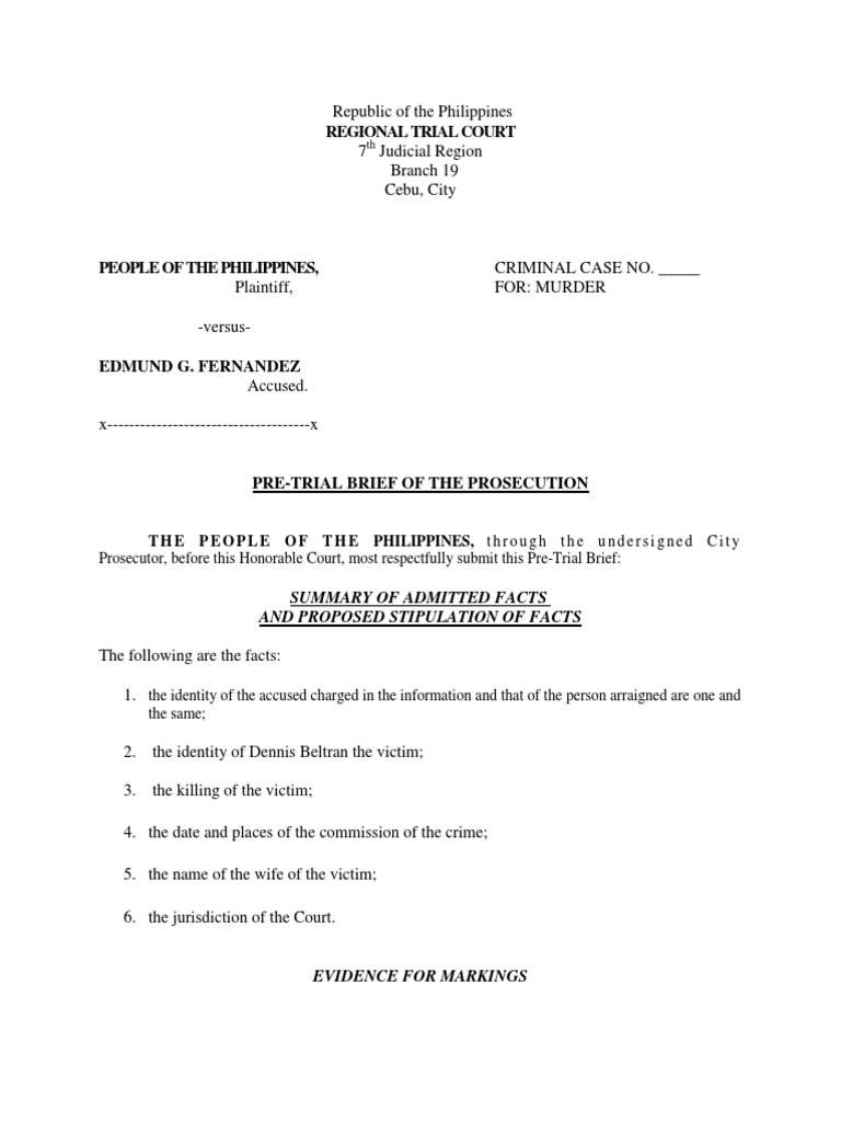 Regional Trial Court: Summary of Admitted Facts and Proposed ...