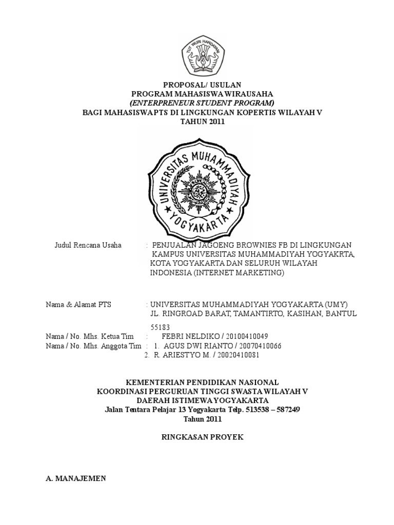 Contoh Proposal Usaha Kuliner Jagung Brownies | PDF