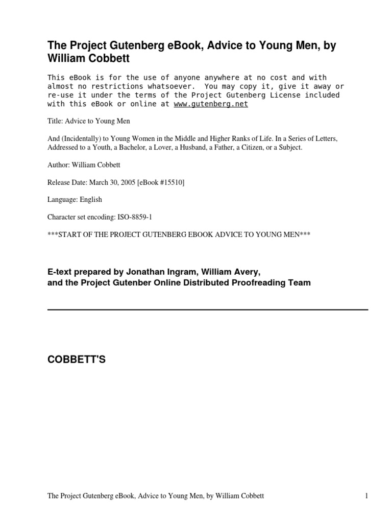 The Project Gutenberg Ebook, Advice To Young Men, by William Cobbett | PDF