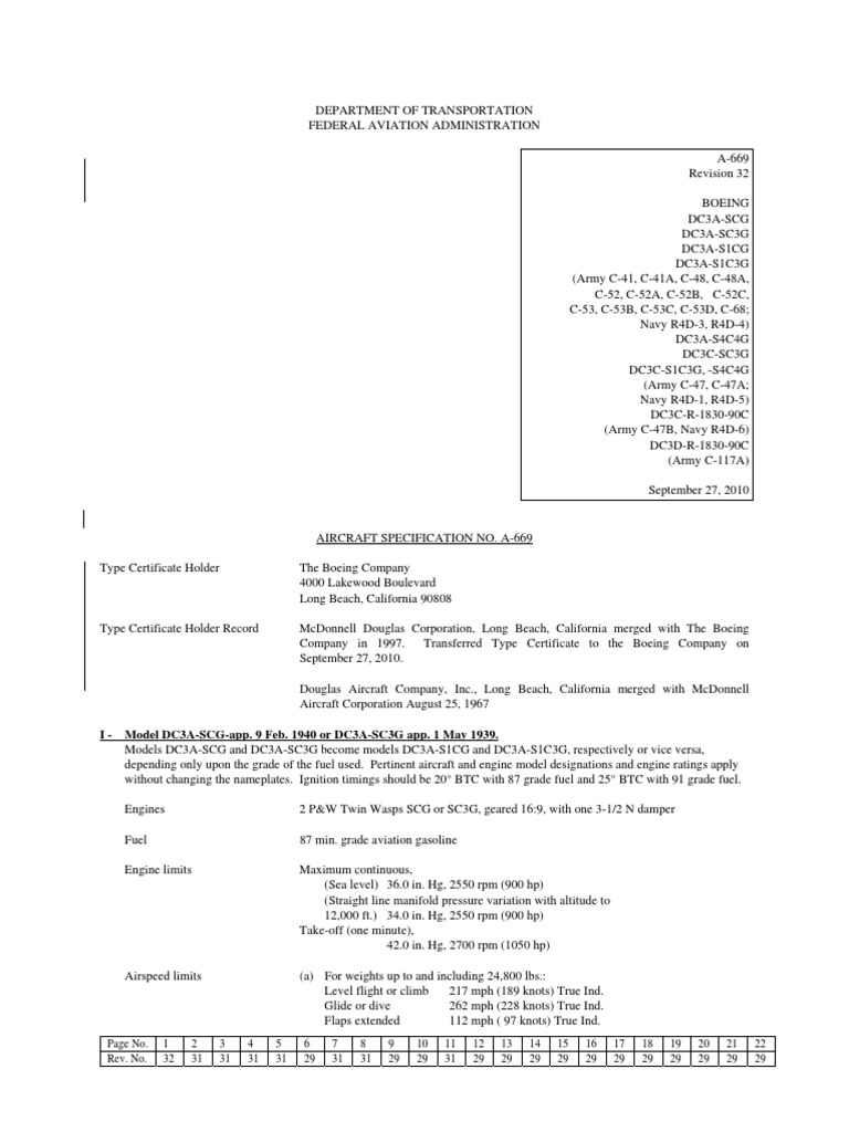 Aircraft Specification No. A-669: Type Certificate Data Sheet for ...