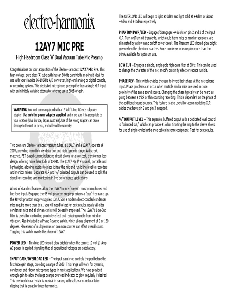 EHX 12ay7 Mic Pre | Download Free PDF | Microphone | Electric Power